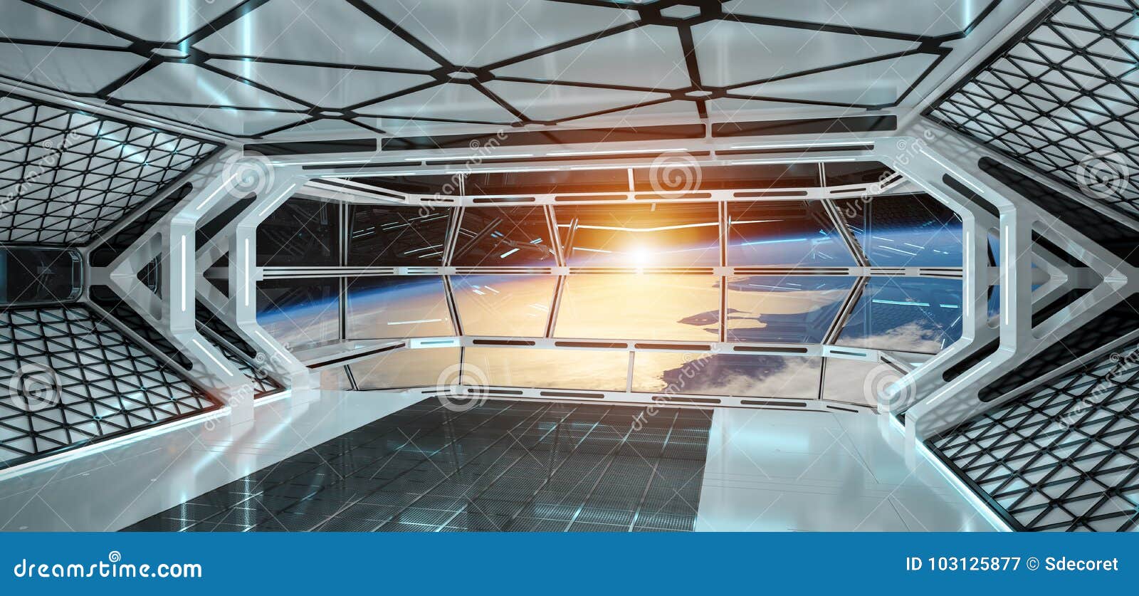 Spaceship Interior with View on Earth 3D Rendering Elements of T Stock ...