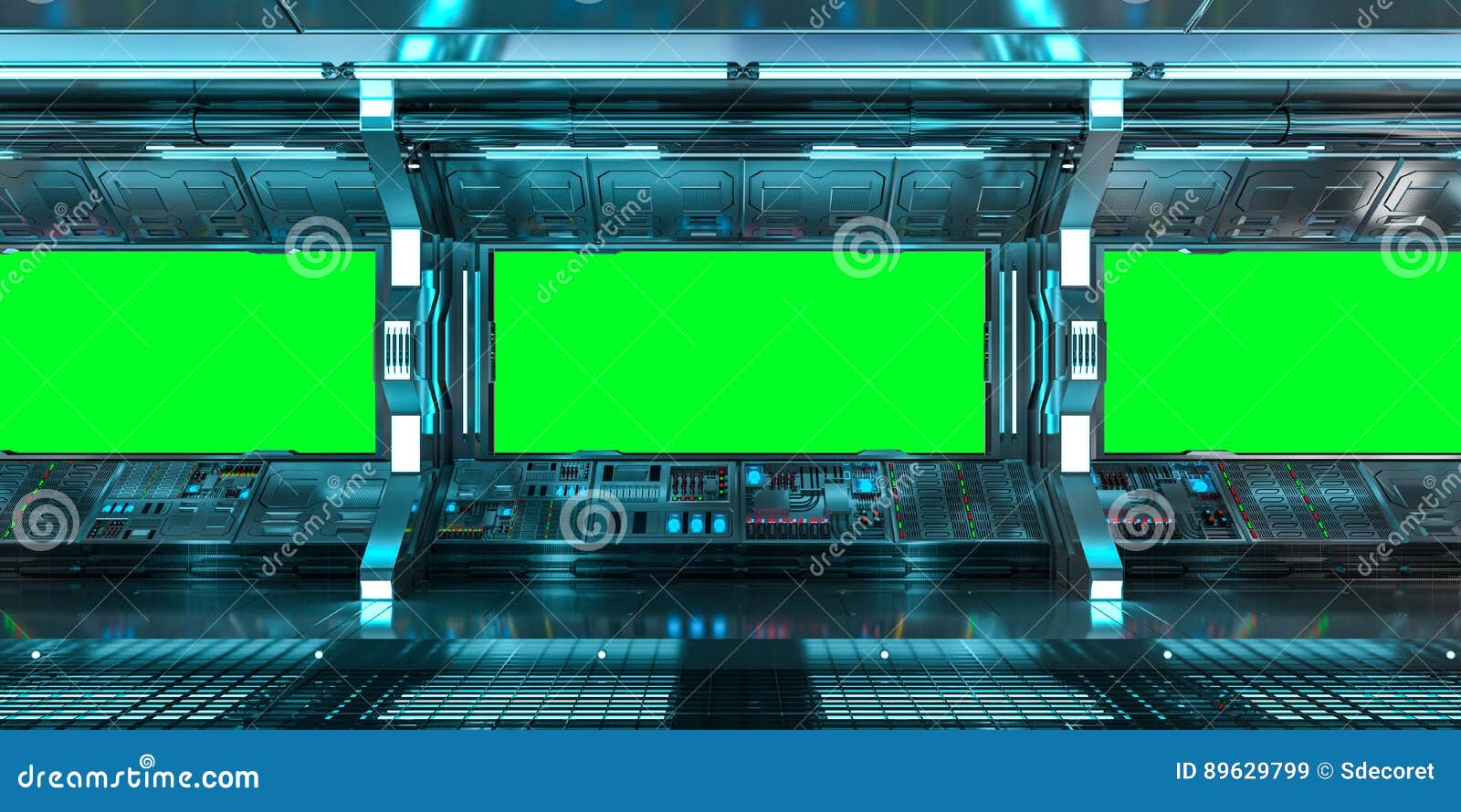 Spaceship Interior with View on Green Windows 3D Rendering Stock ...