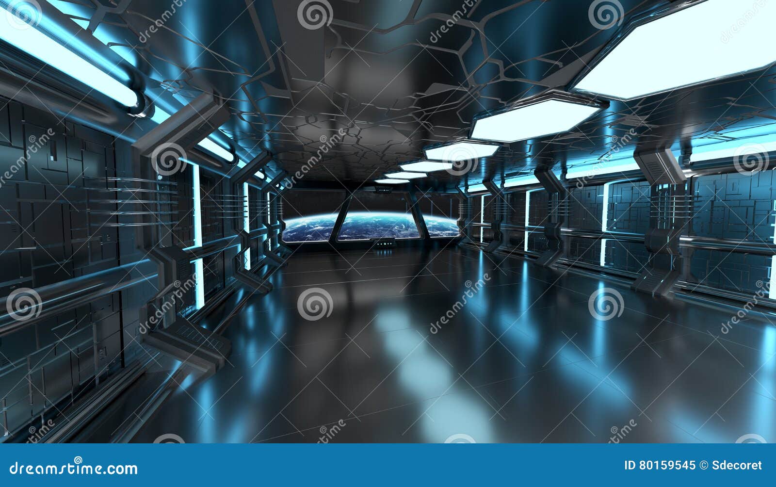 Spaceship Interior with View on the Planet Earth 3D Rendering Elements ...