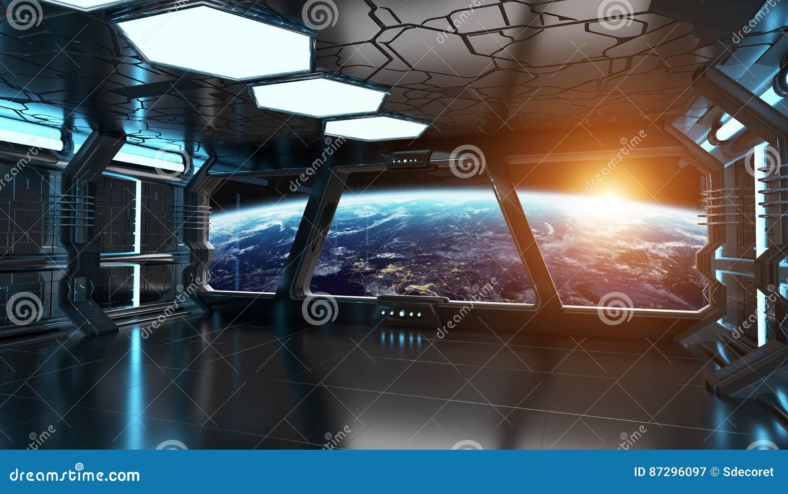 Spaceship Interior with View on the Planet Earth 3D Rendering Elements ...