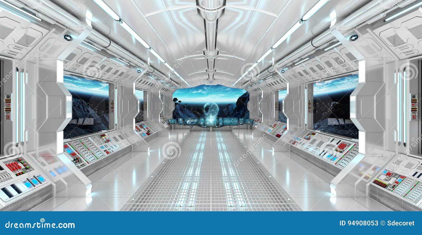 Spaceship Interior with View on the Planet Earth 3D Rendering Elements ...