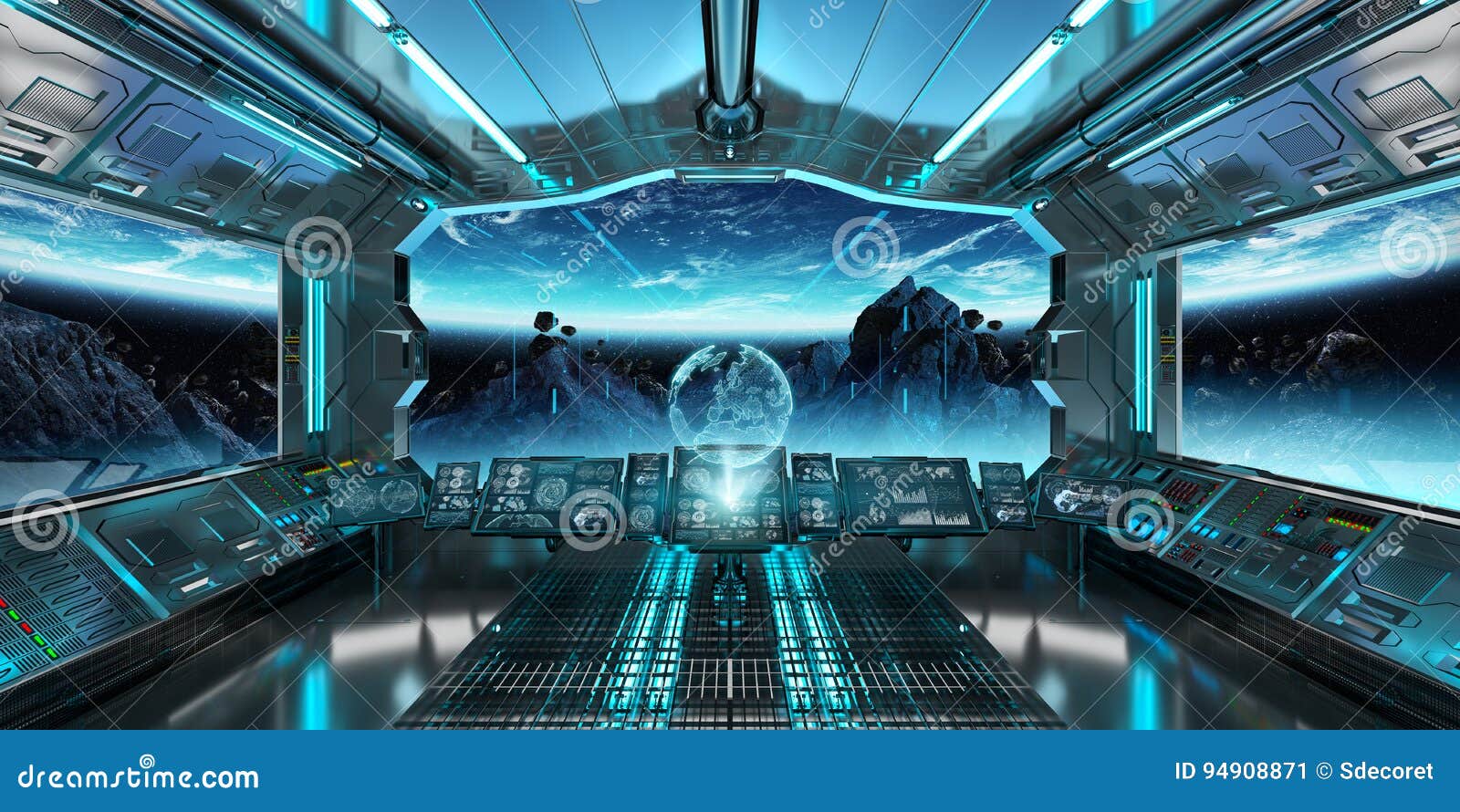 Spaceship Interior with View on the Planet Earth 3D Rendering Elements ...