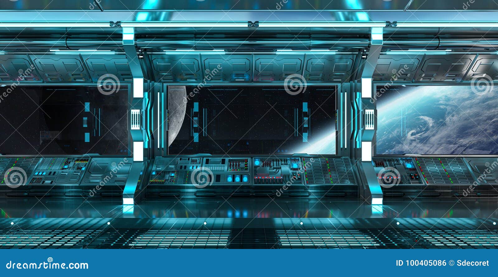 Spaceship Interior with View on the Planet Earth 3D Rendering Elements ...