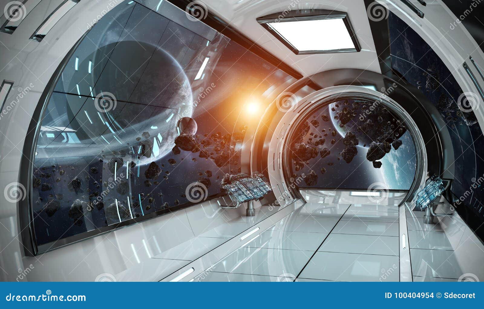 Spaceship Interior with View on Planets 3D Rendering Elements of Stock ...