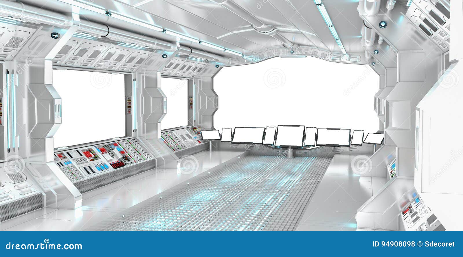 Spaceship Interior with View on White Windows 3D Rendering Stock ...