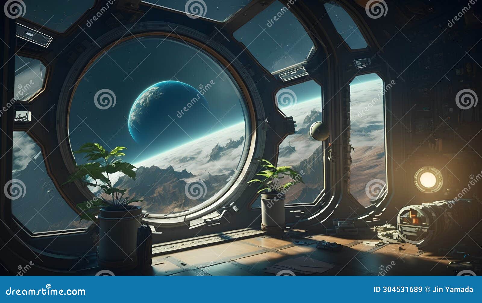 Spaceship Interior with Window View on the Planet Earth. 3d Render ...
