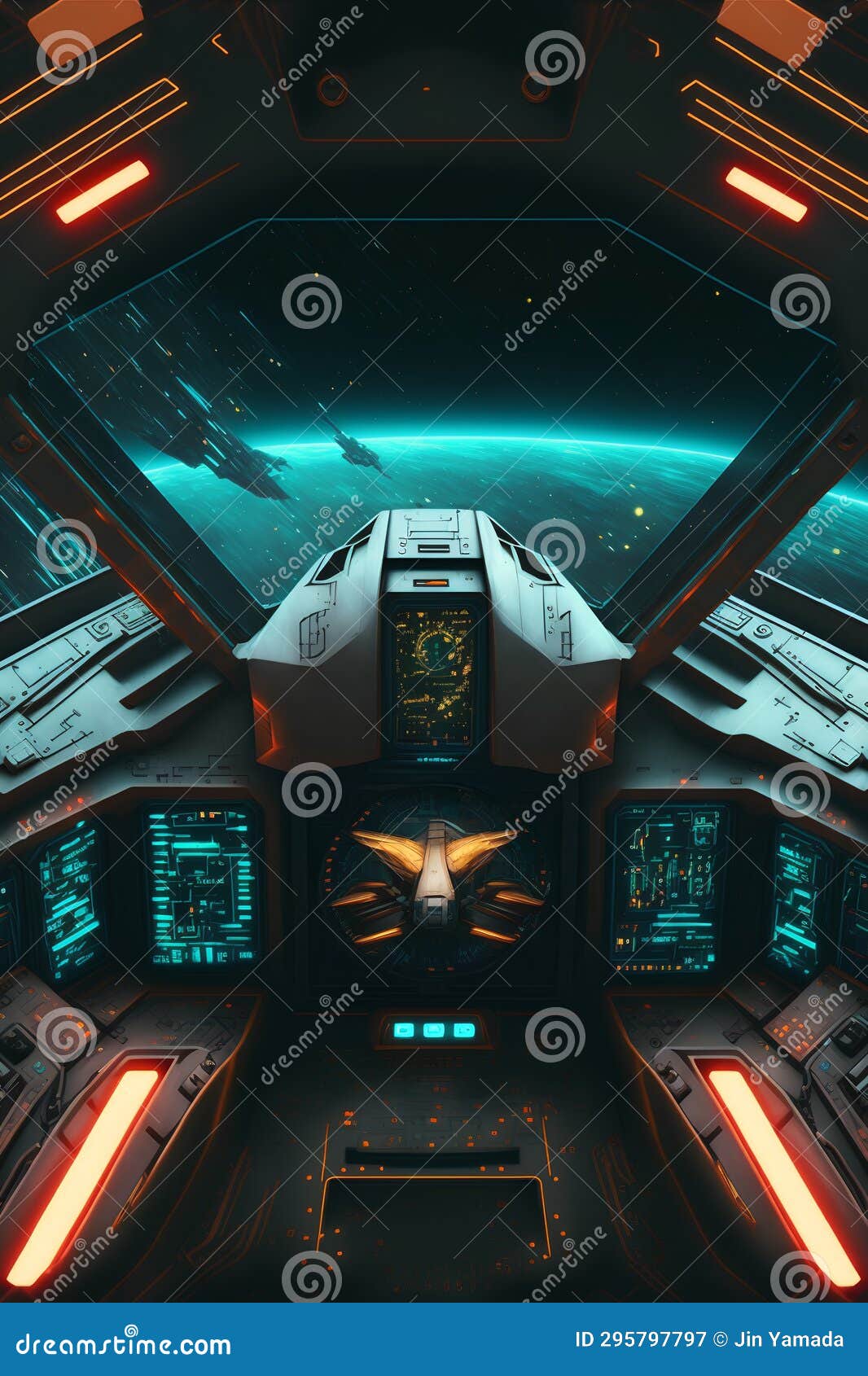 Spaceship Interior with Window View on Planet Earth. 3D Rendering Stock ...