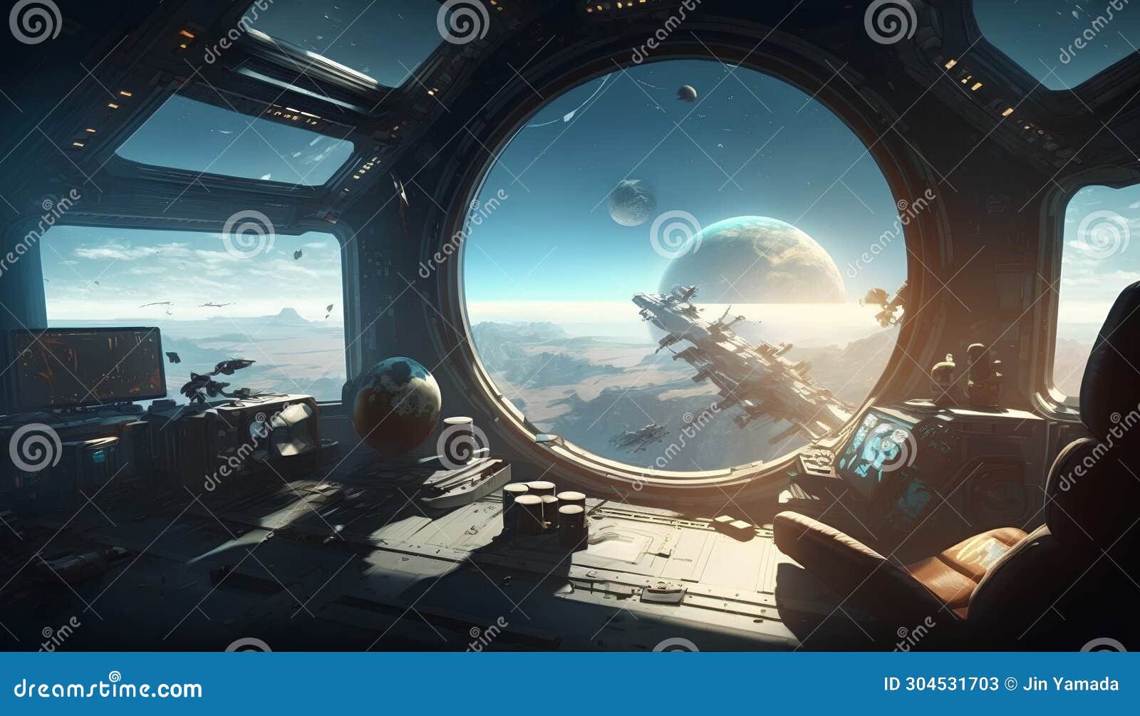 Spaceship Interior with Window View on the Planet Earth. 3D Rendering ...