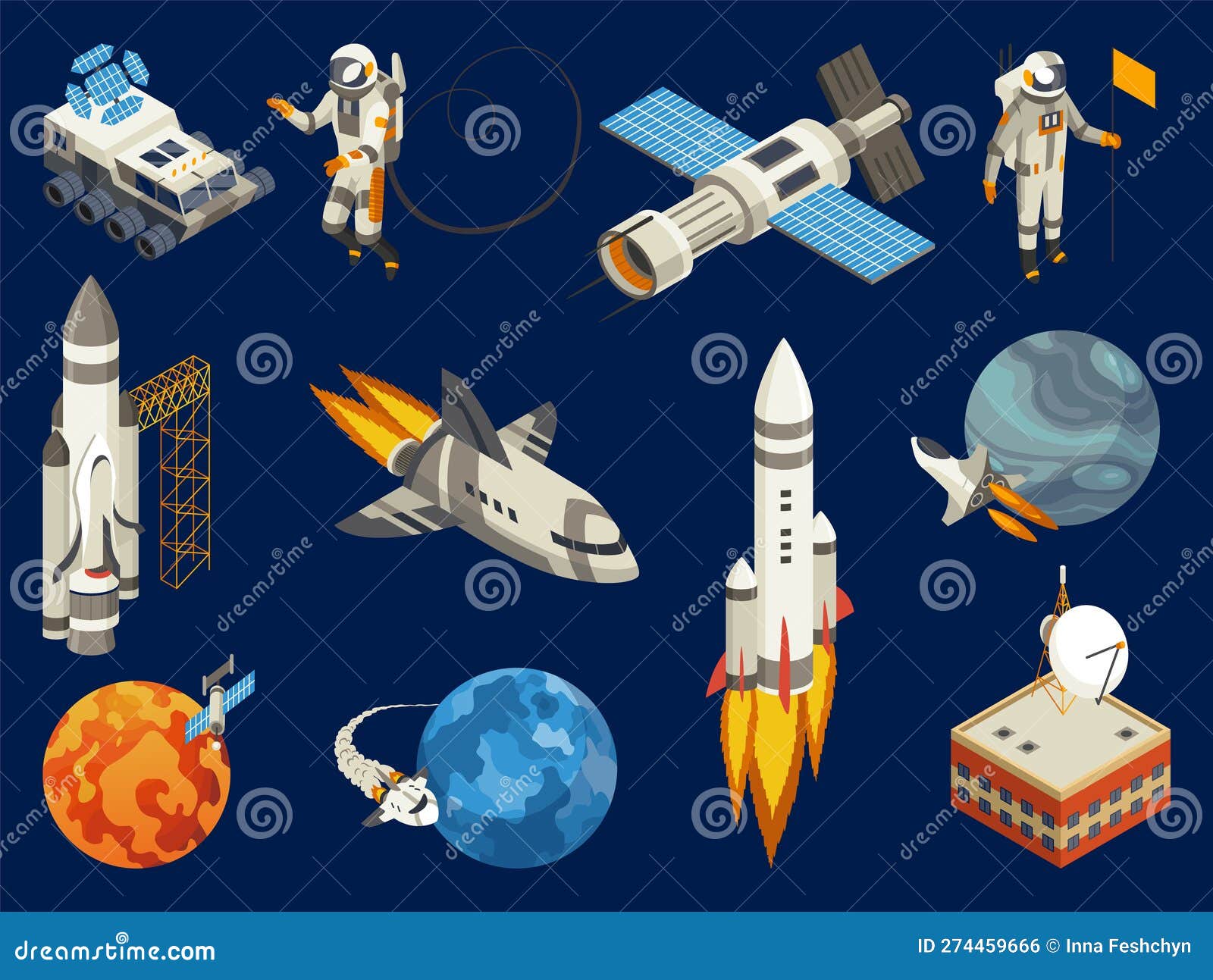 Spaceship Isometric. Space Elements Set with Earth Planet, Astronauts ...