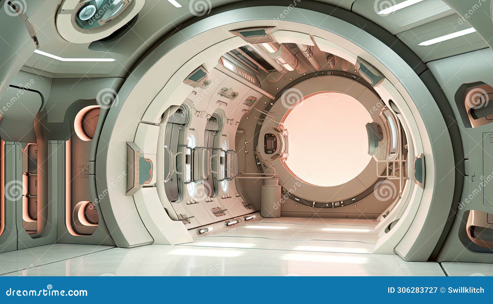 Spaceship or Lab Interior in Retro Futuristic Sci-fi Style with Round ...
