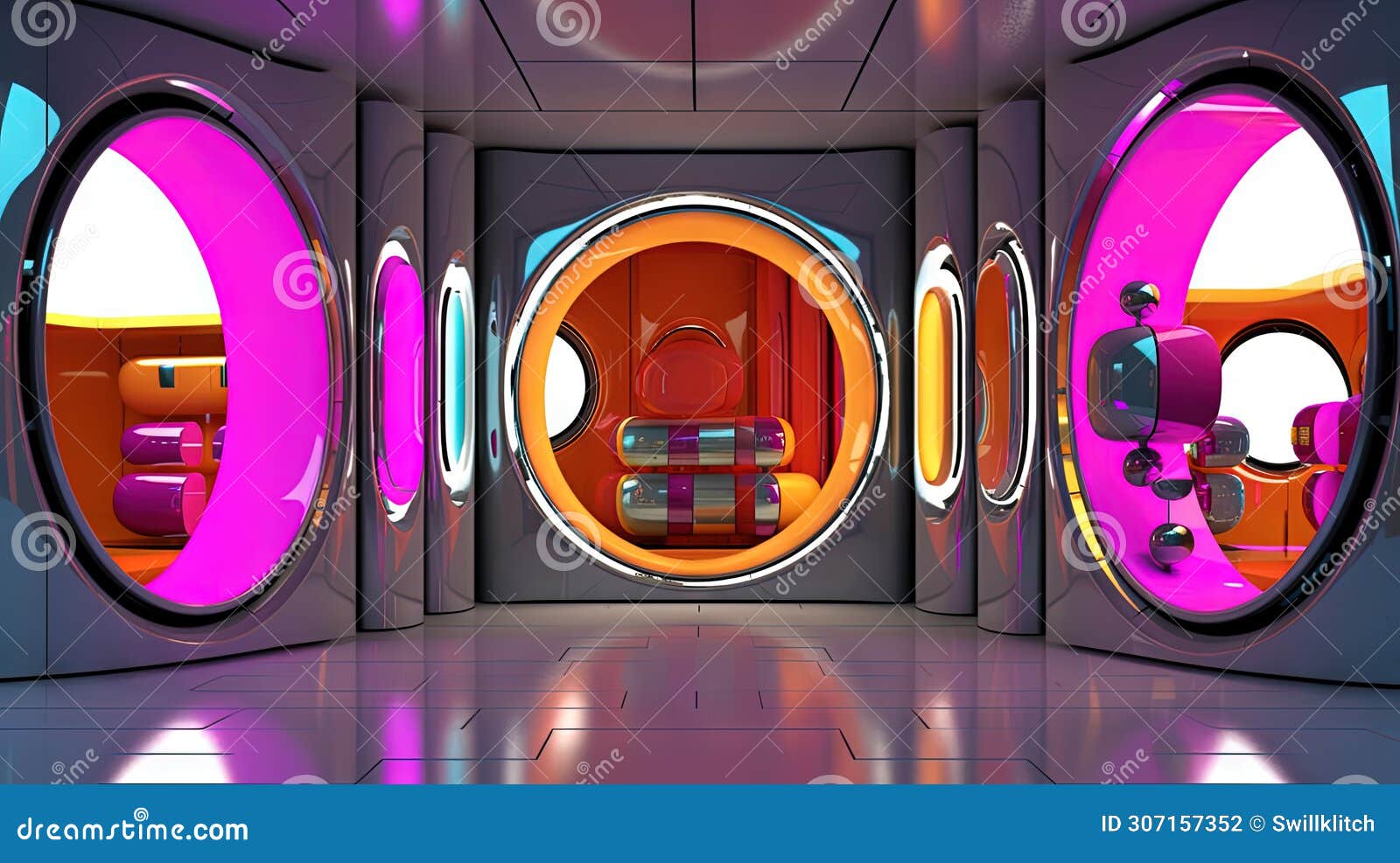 Spaceship or Lab Interior in Retro Futuristic Sci-fi Style with Round ...