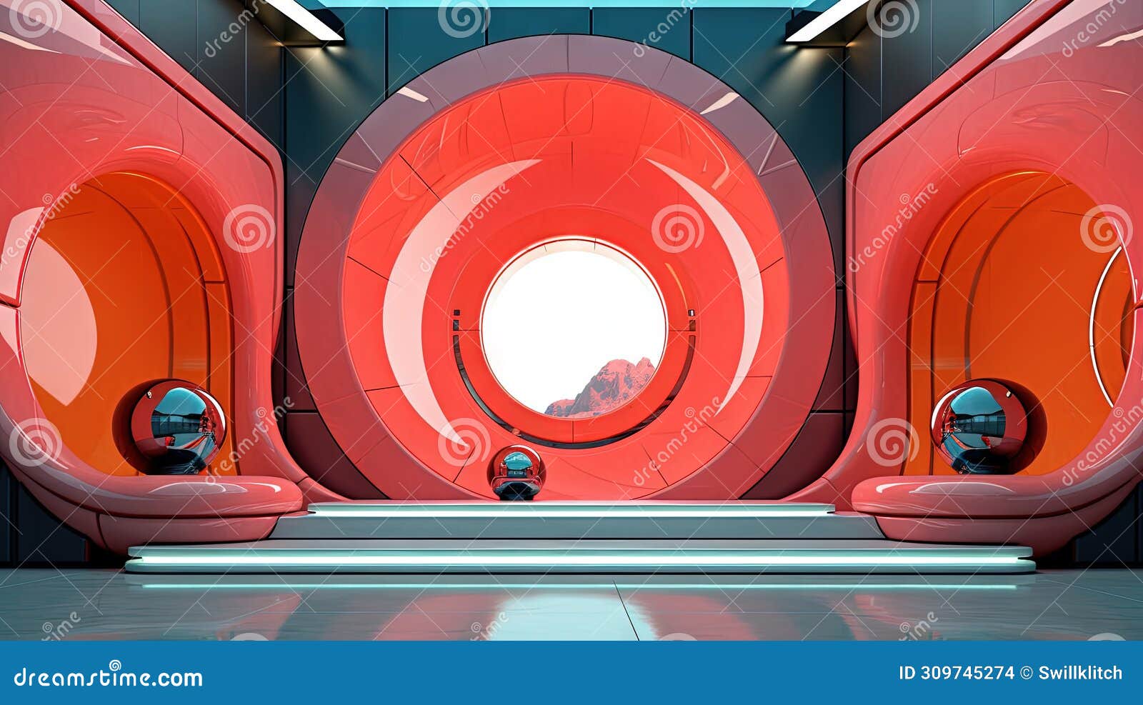Spaceship or Lab Interior in Retro Futuristic Sci-fi Style with Round ...