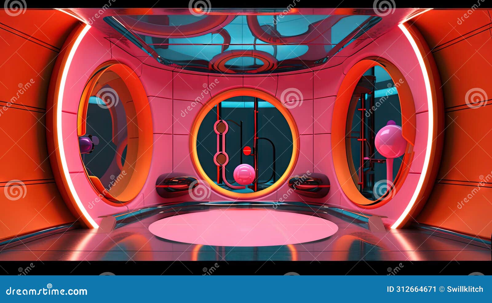 Spaceship or Lab Interior in Retro Futuristic Sci-fi Style with Round ...