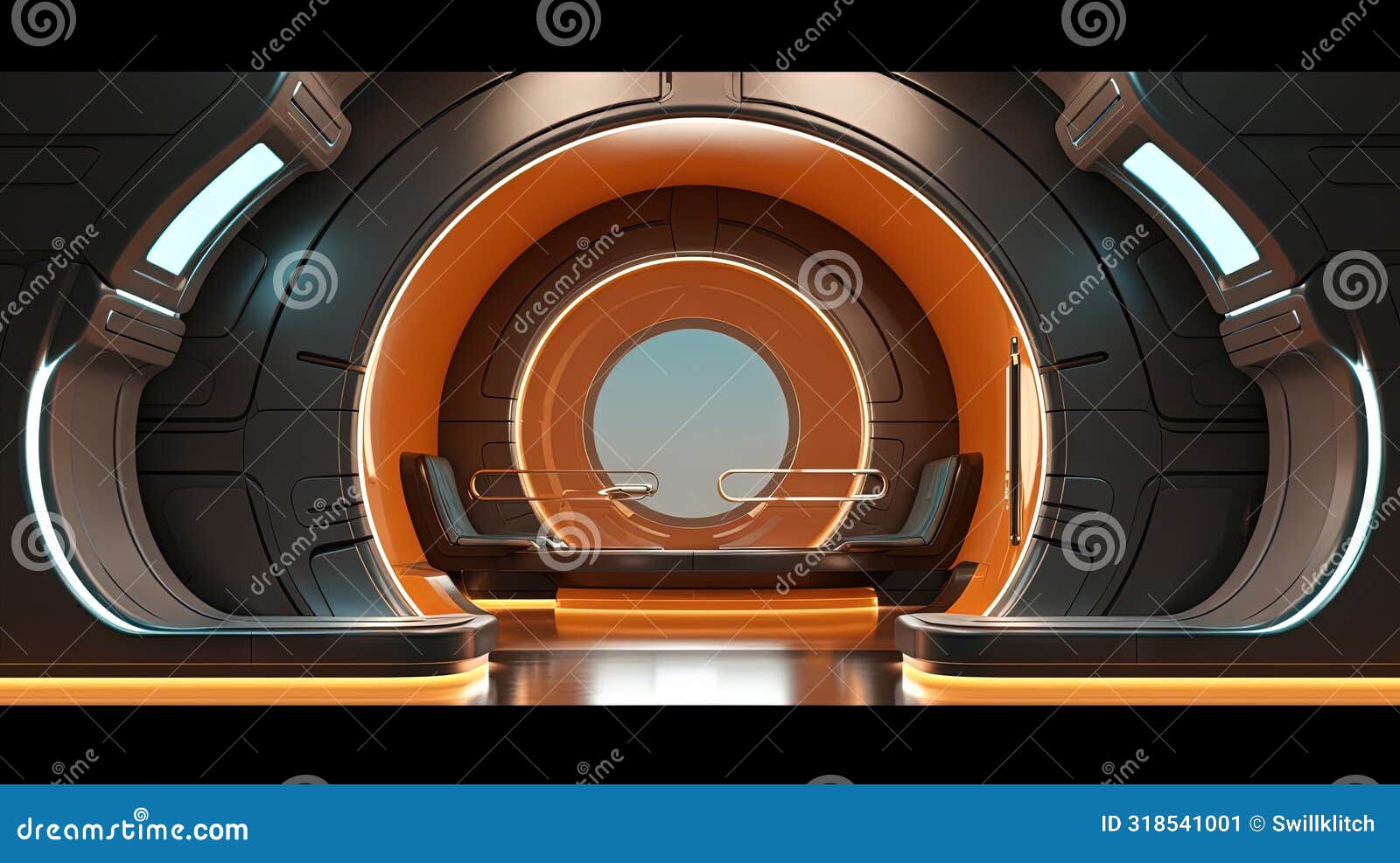 Spaceship or Lab Interior in Retro Futuristic Sci-fi Style with Round Doors. Stock Image - Image ...