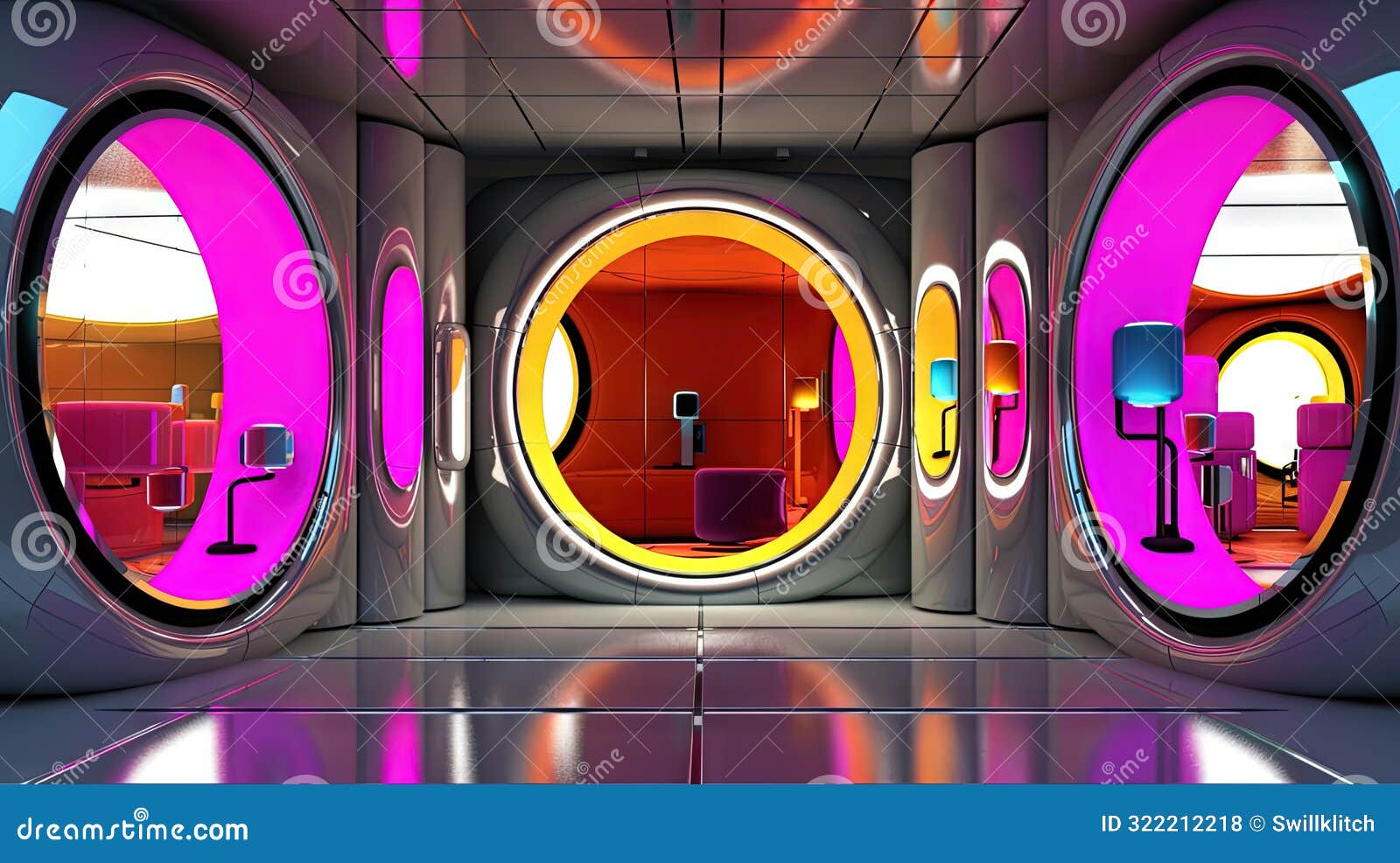 Spaceship or Lab Interior in Retro Futuristic Sci-fi Style with Round ...