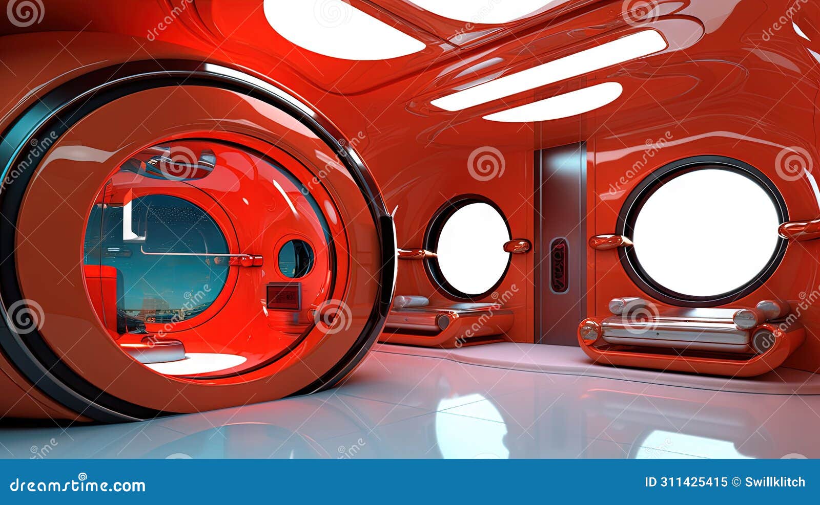 Spaceship or Lab Interior in Retro Futuristic Sci-fi Style with Round ...