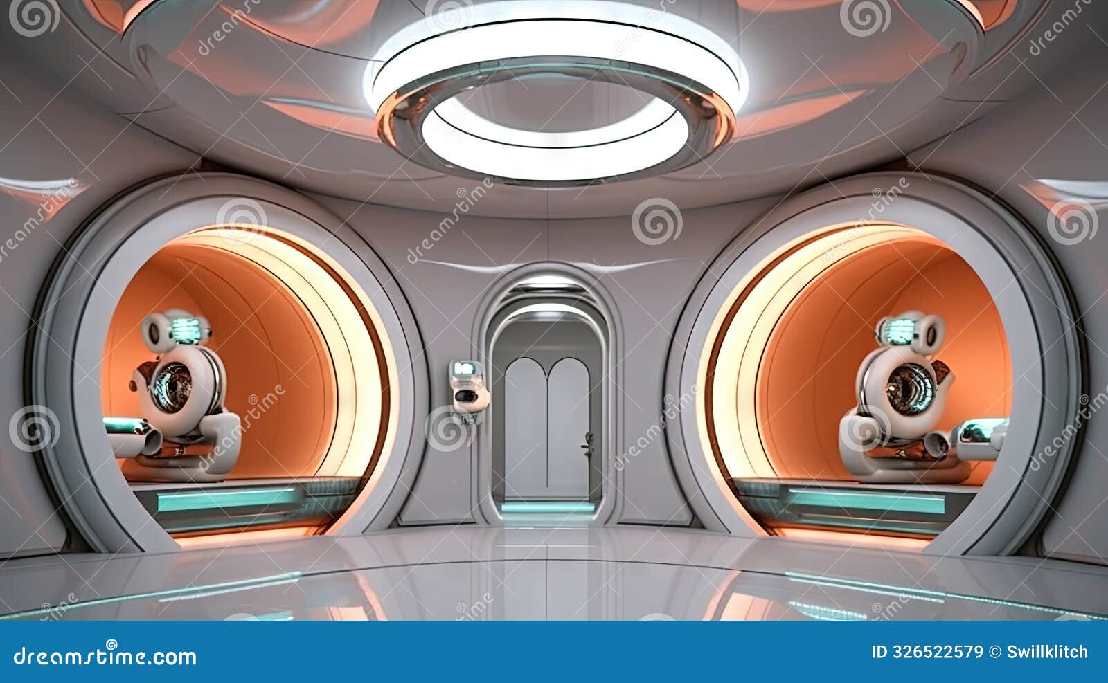 Spaceship or Lab Interior in Retro Futuristic Sci-fi Style with Round Doors. Stock Image - Image ...