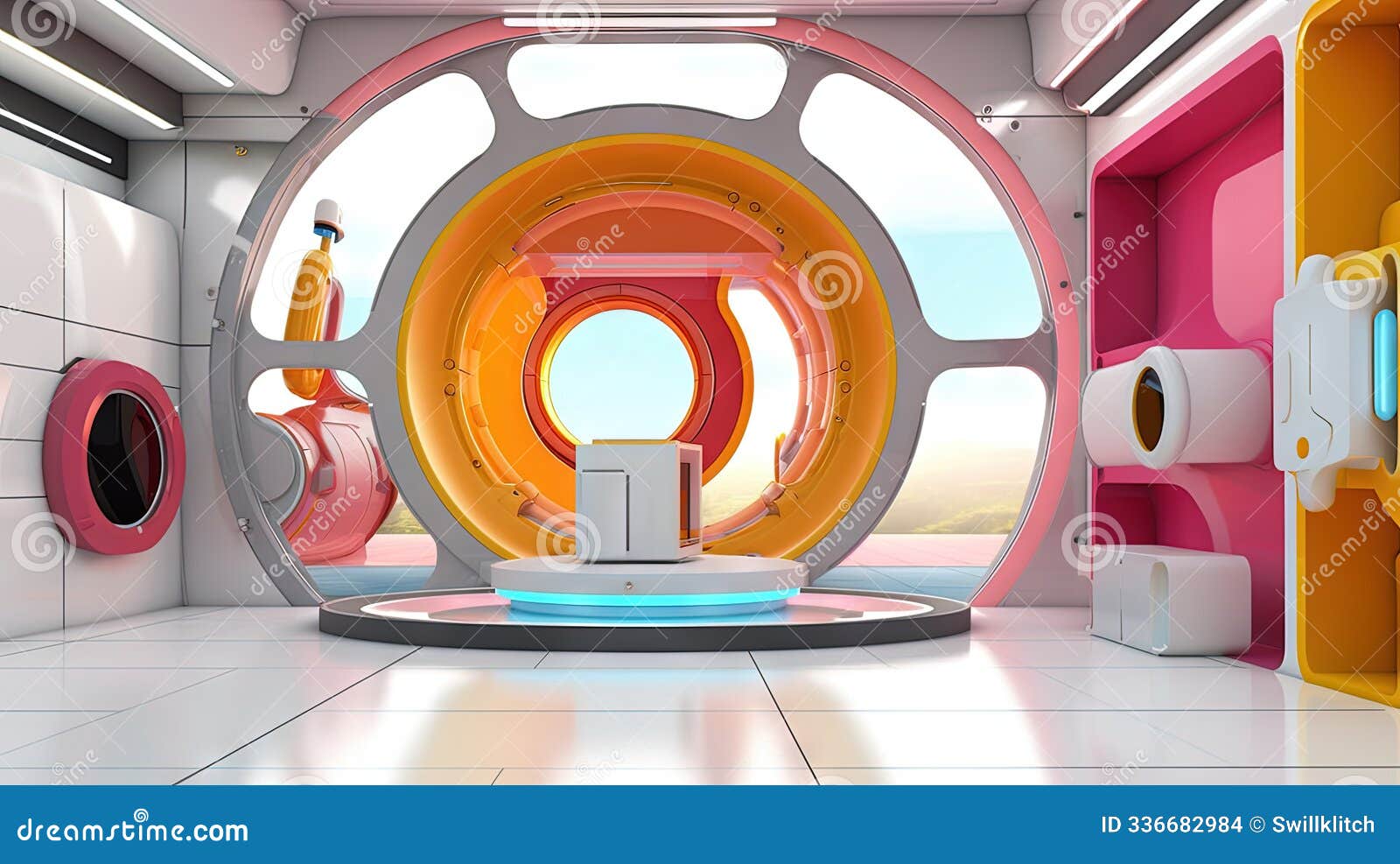 Spaceship or Lab Interior in Retro Futuristic Sci-fi Style with Round ...