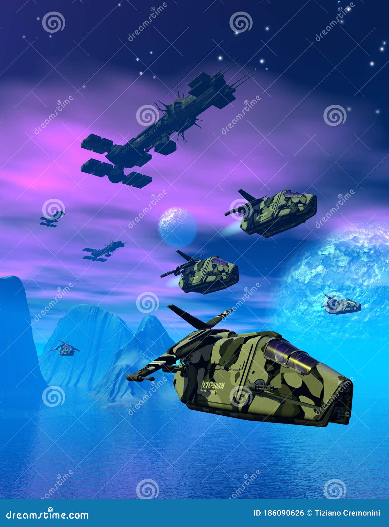 Spaceship Landing On Planet. Futuristic Spacecraft. UFO. Concept Art ...