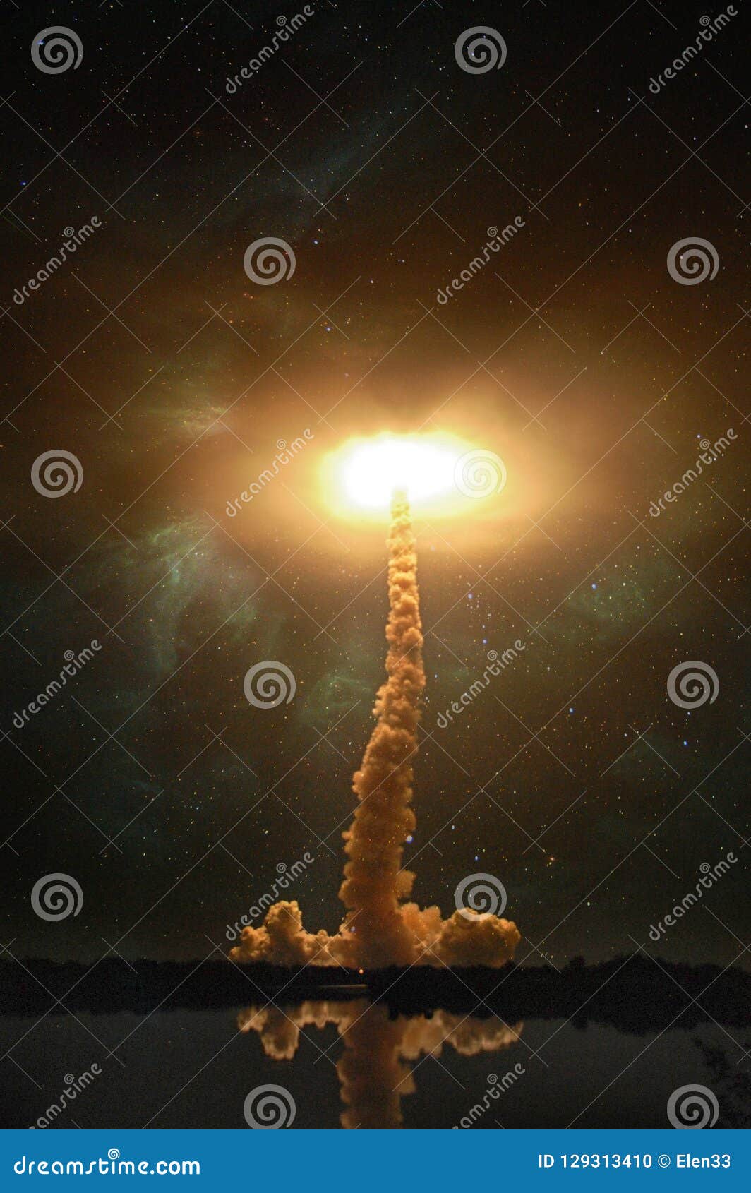 Spaceship Launch at Night. Light Flash Explosion Portal. Stock Photo ...