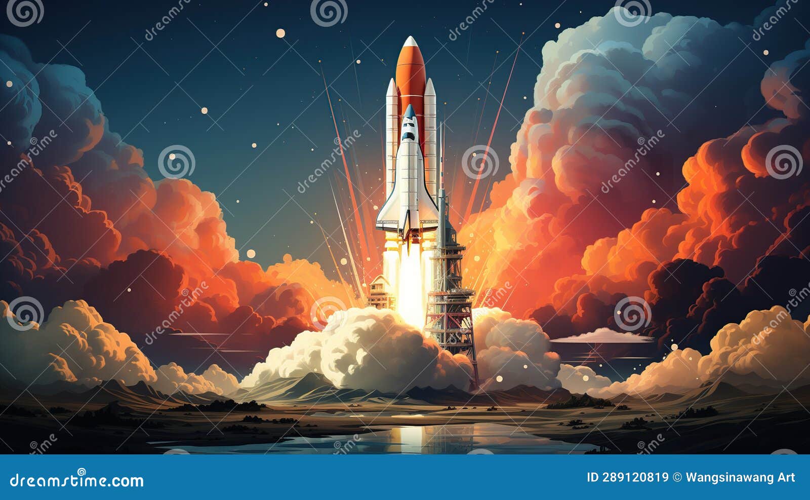 Spaceship Lift Off. Space Shuttle with Smoke Stock Illustration ...