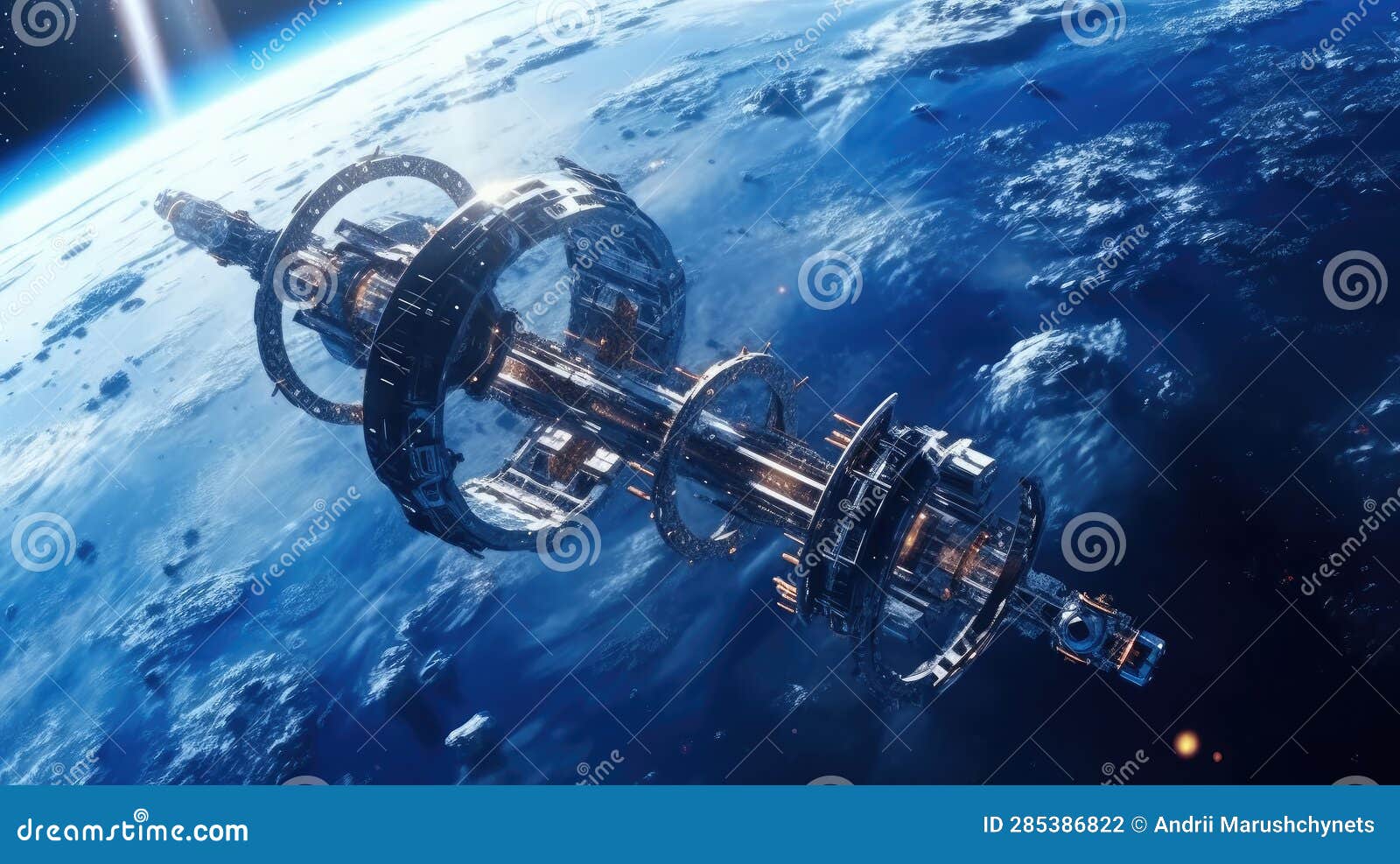 Spaceship on Orbit of Planet Earth. View from Station. Blue Planets in ...