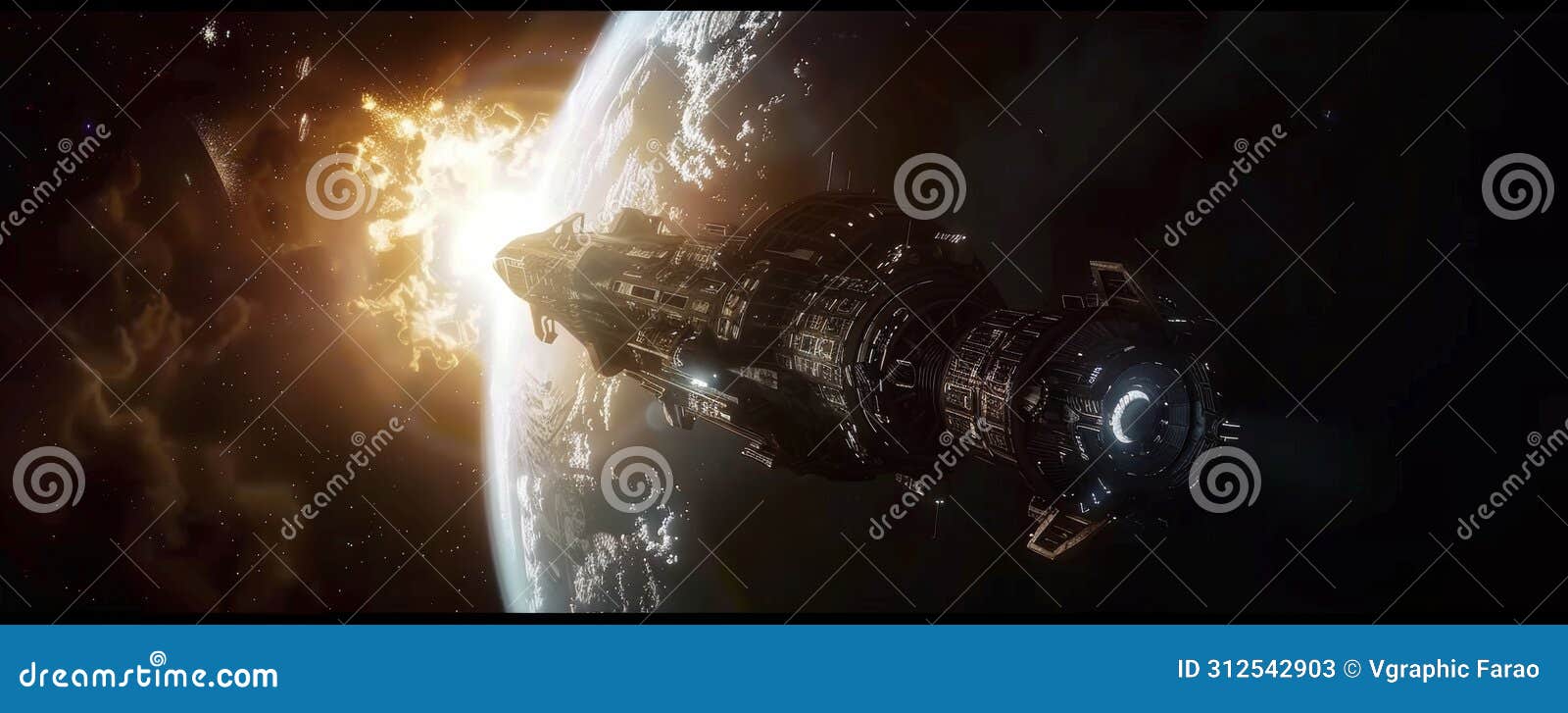 Spaceship Orbiting A Planet With An Exploding Star Stock Image Image