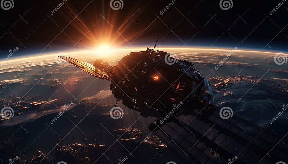Spaceship Orbits Planet in Stunning Sunset Landscape, a Sci Fi ...
