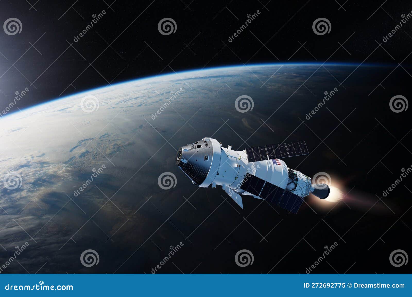 Spaceship Orion on Low-orbit of Earth. Artemis Space Program Stock ...