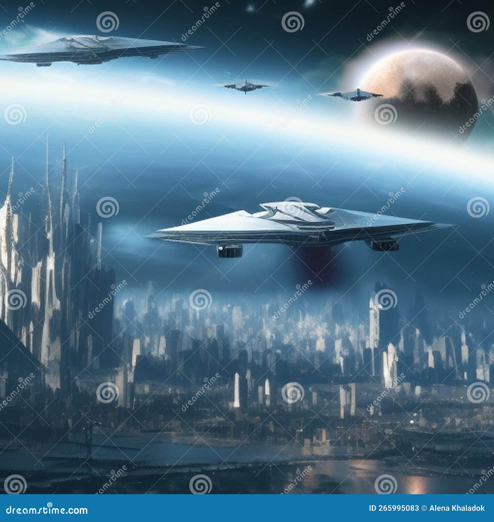 Spaceship over the city stock illustration. Illustration of spaceship ...