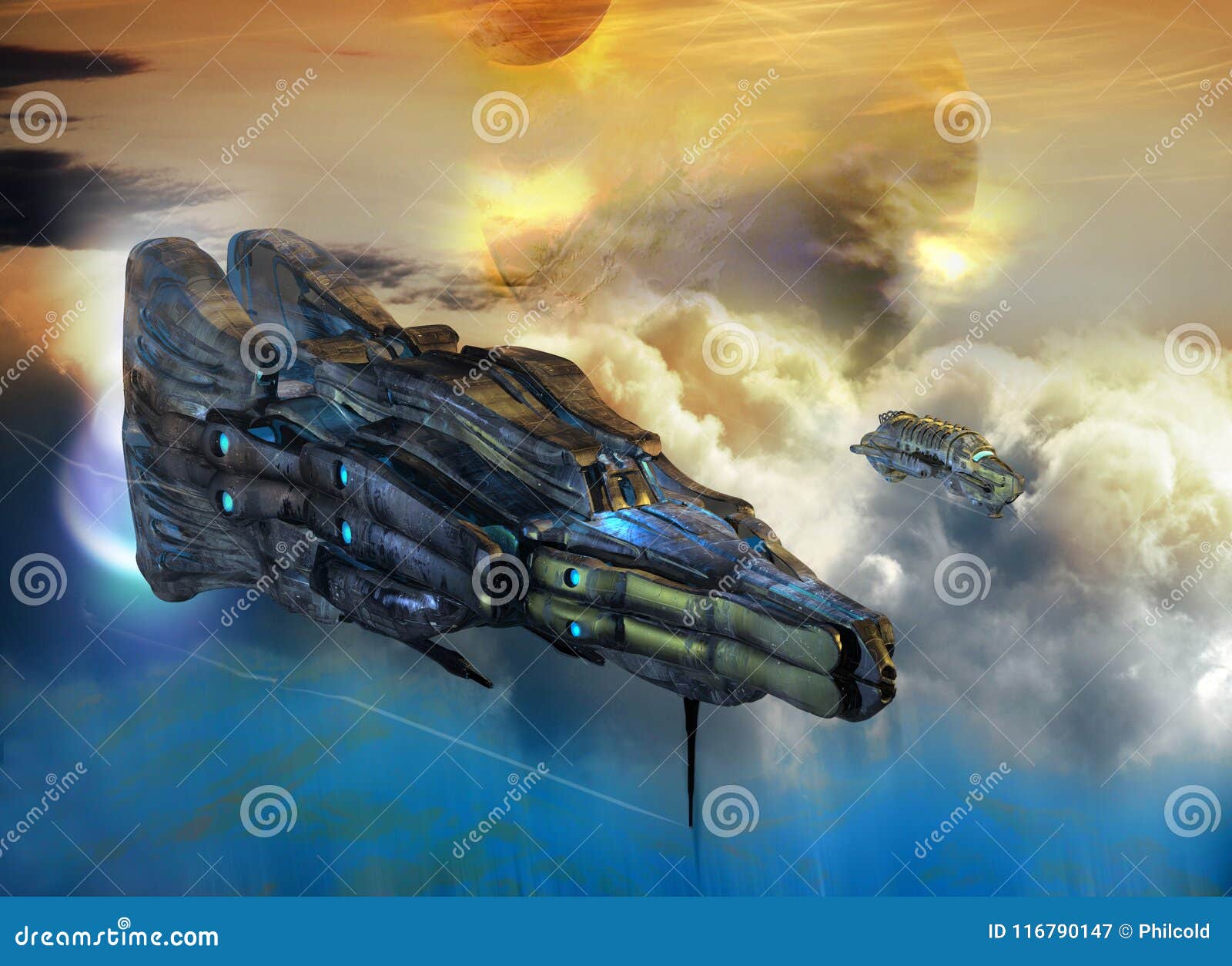 Spaceship Over Clouds on Alien Planet Stock Illustration - Illustration ...