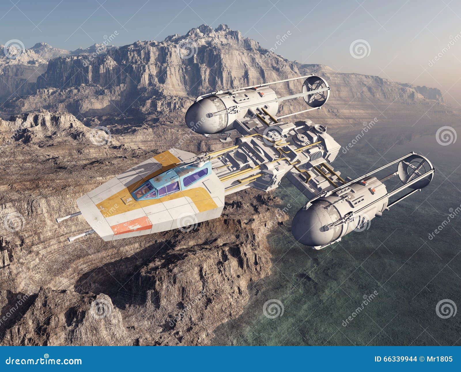 Spaceship Over Mountain Path On Distant World Stock Photo ...