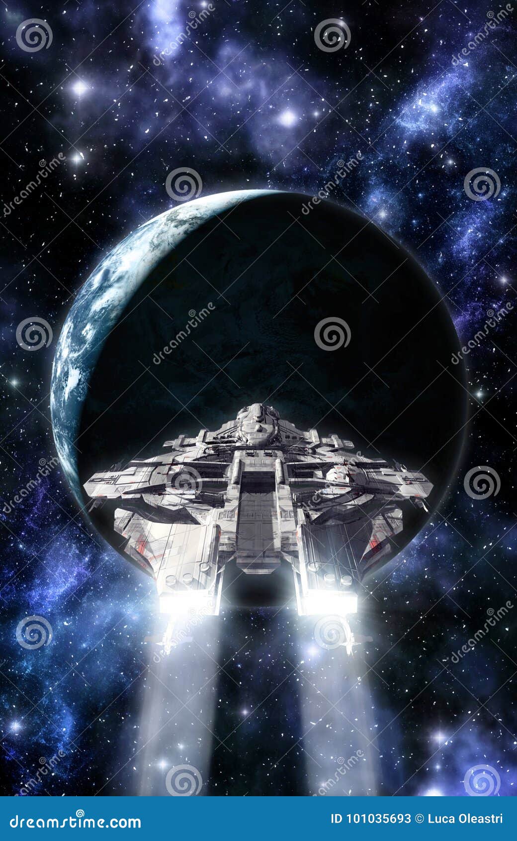 Spaceship and planet stock illustration. Illustration of backlit ...