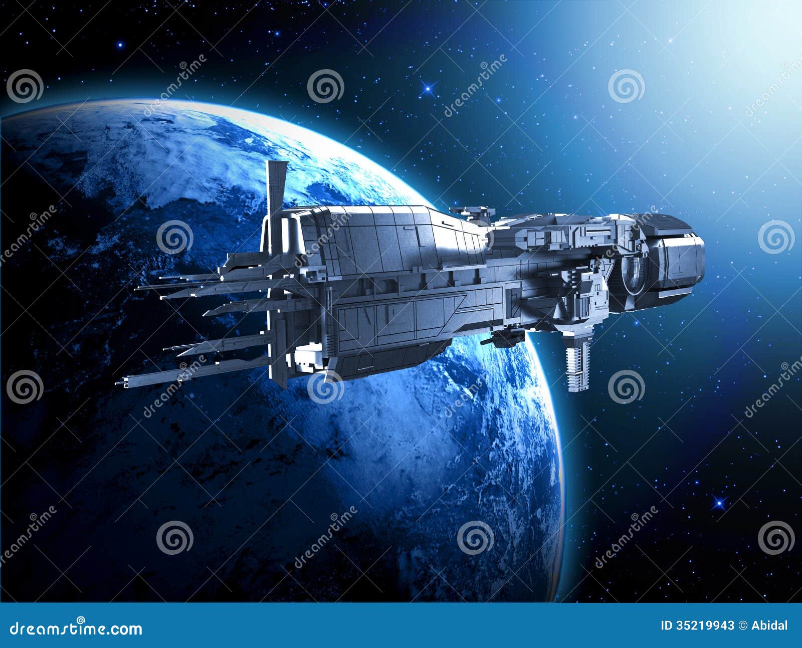 Spaceship with Planet Earth Stock Illustration - Illustration of light ...