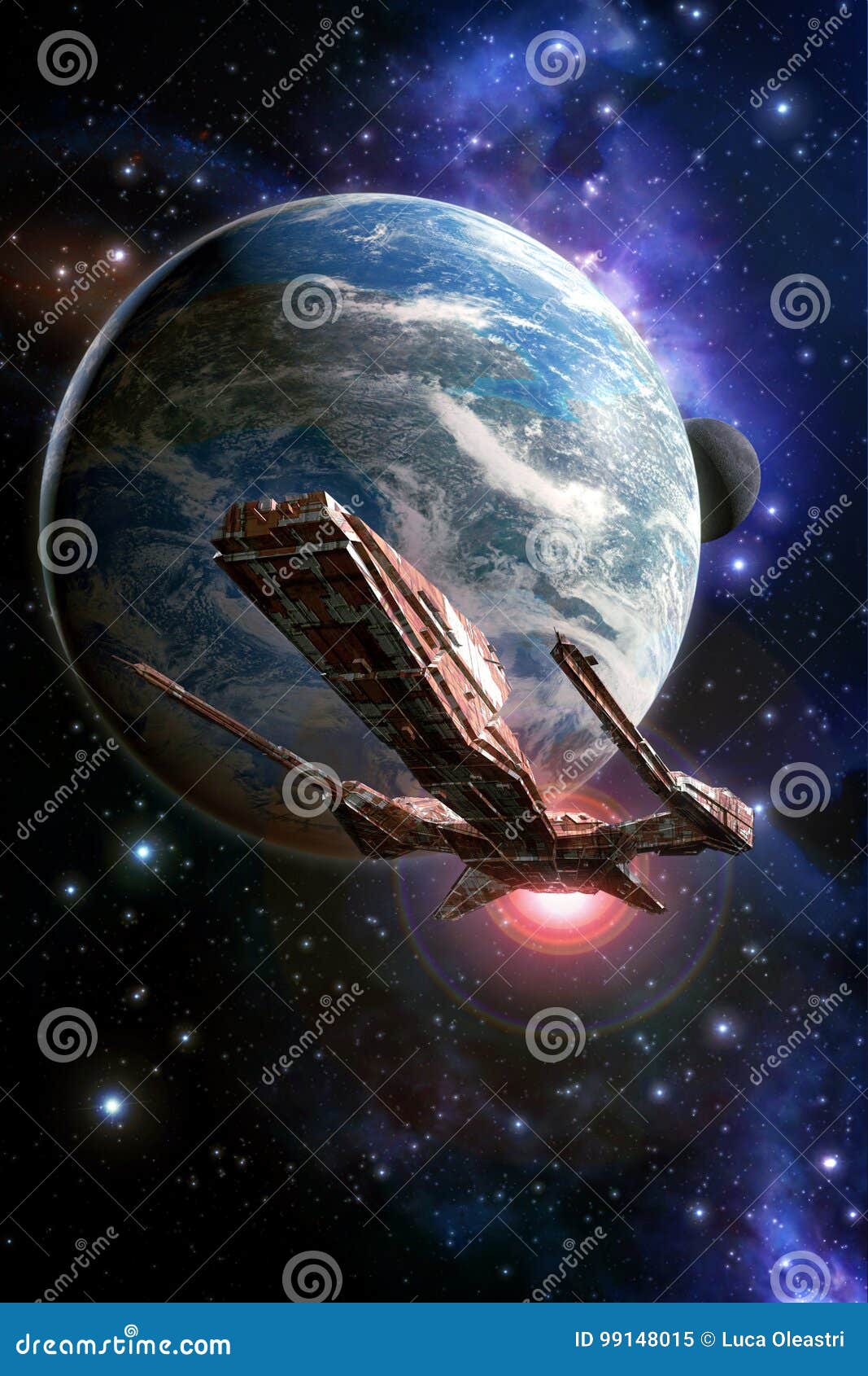 Spaceship planet and moon stock illustration. Illustration of cruiser ...