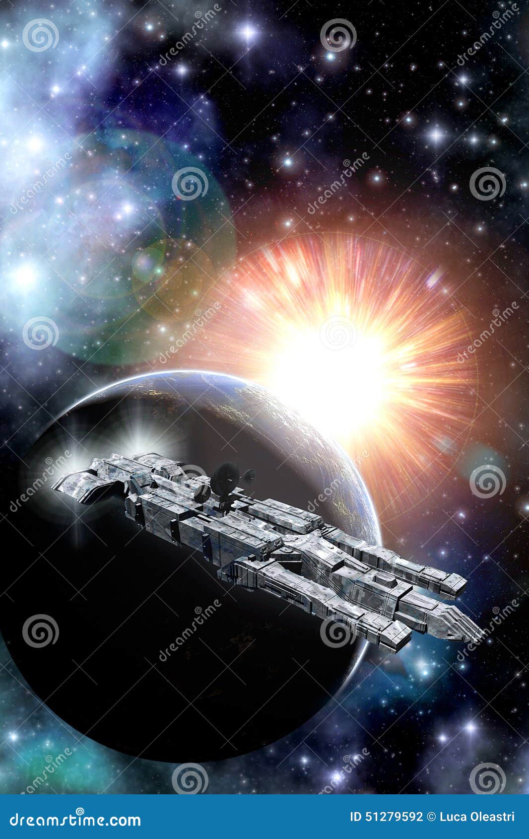 Spaceship planet and sun stock illustration. Illustration of flight ...