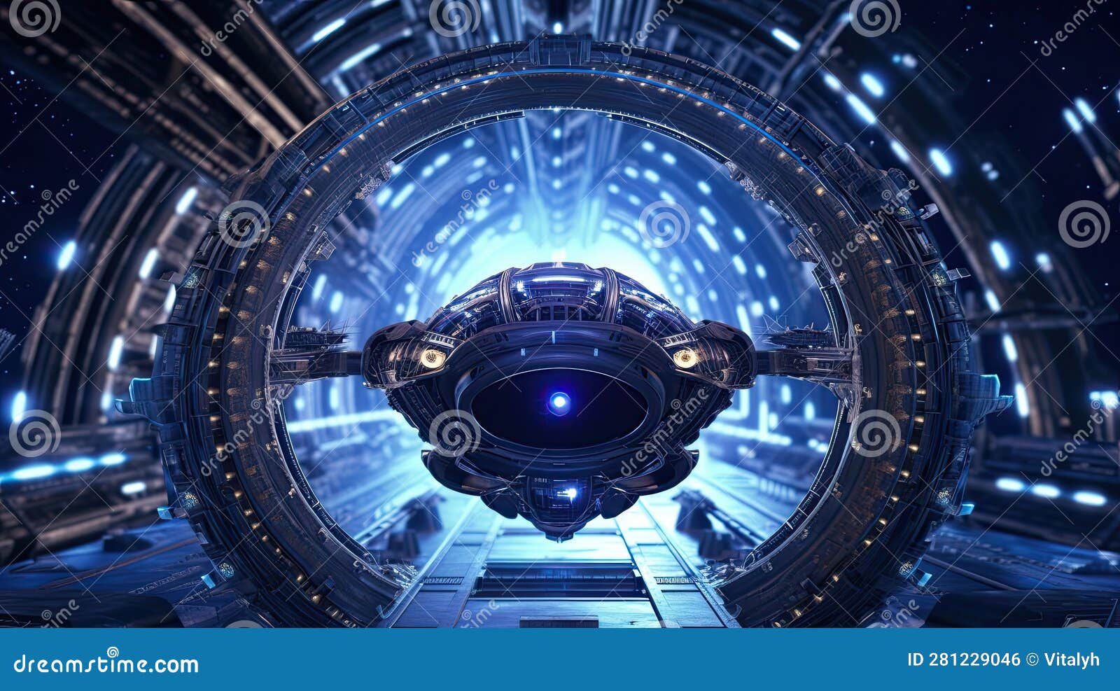 Spaceship, a Plasma Engine Behind with a Blue Trail, Round Space Gate ...