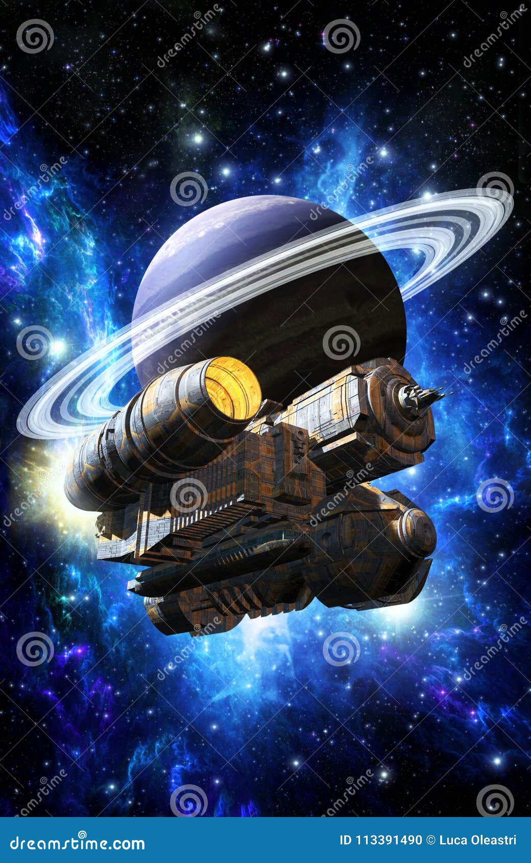 Spaceship and Ringed Planet Stock Illustration - Illustration of cover ...