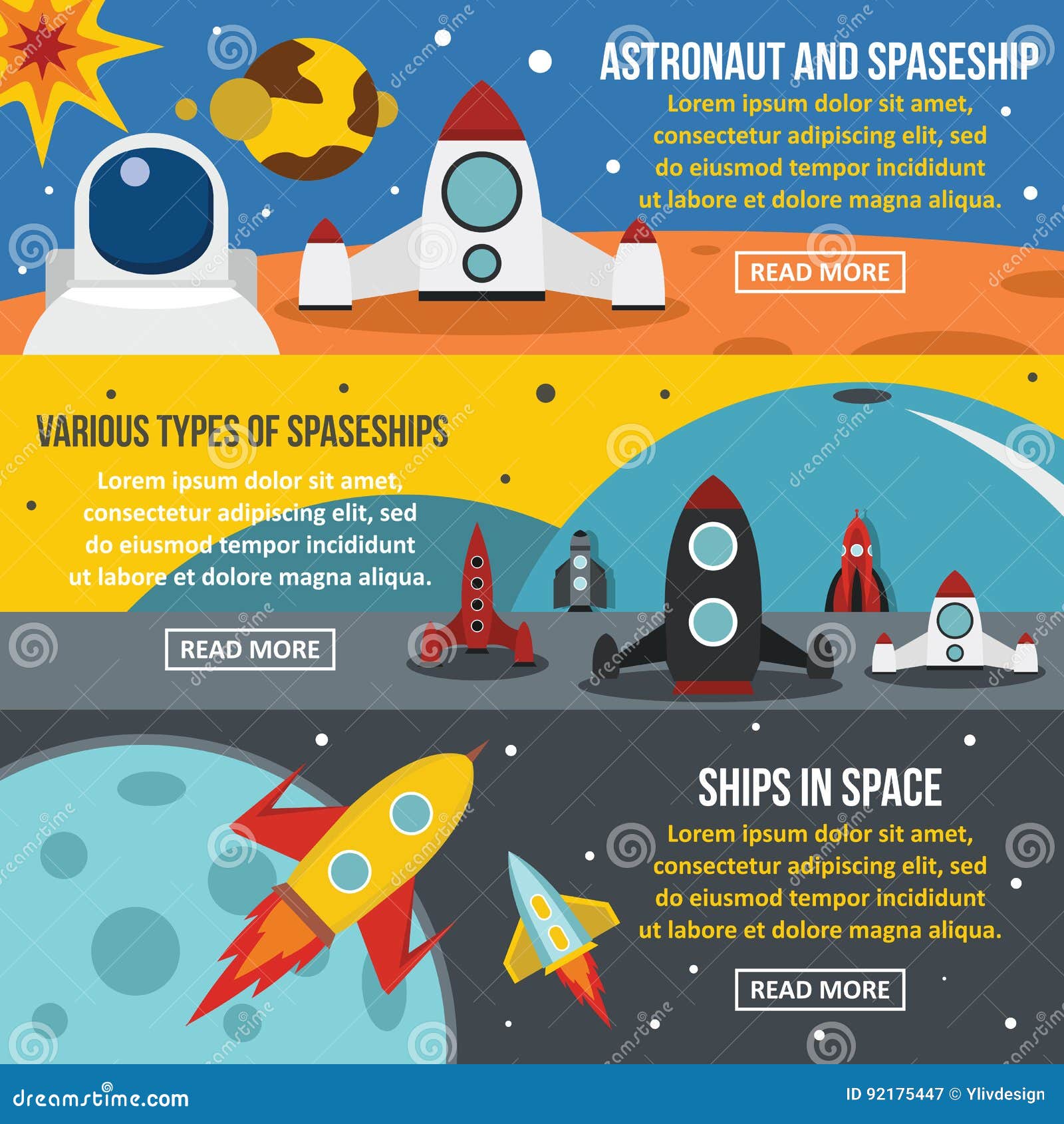 Spaceship Rocket Banner Horizontal Set, Flat Style Stock Vector ...