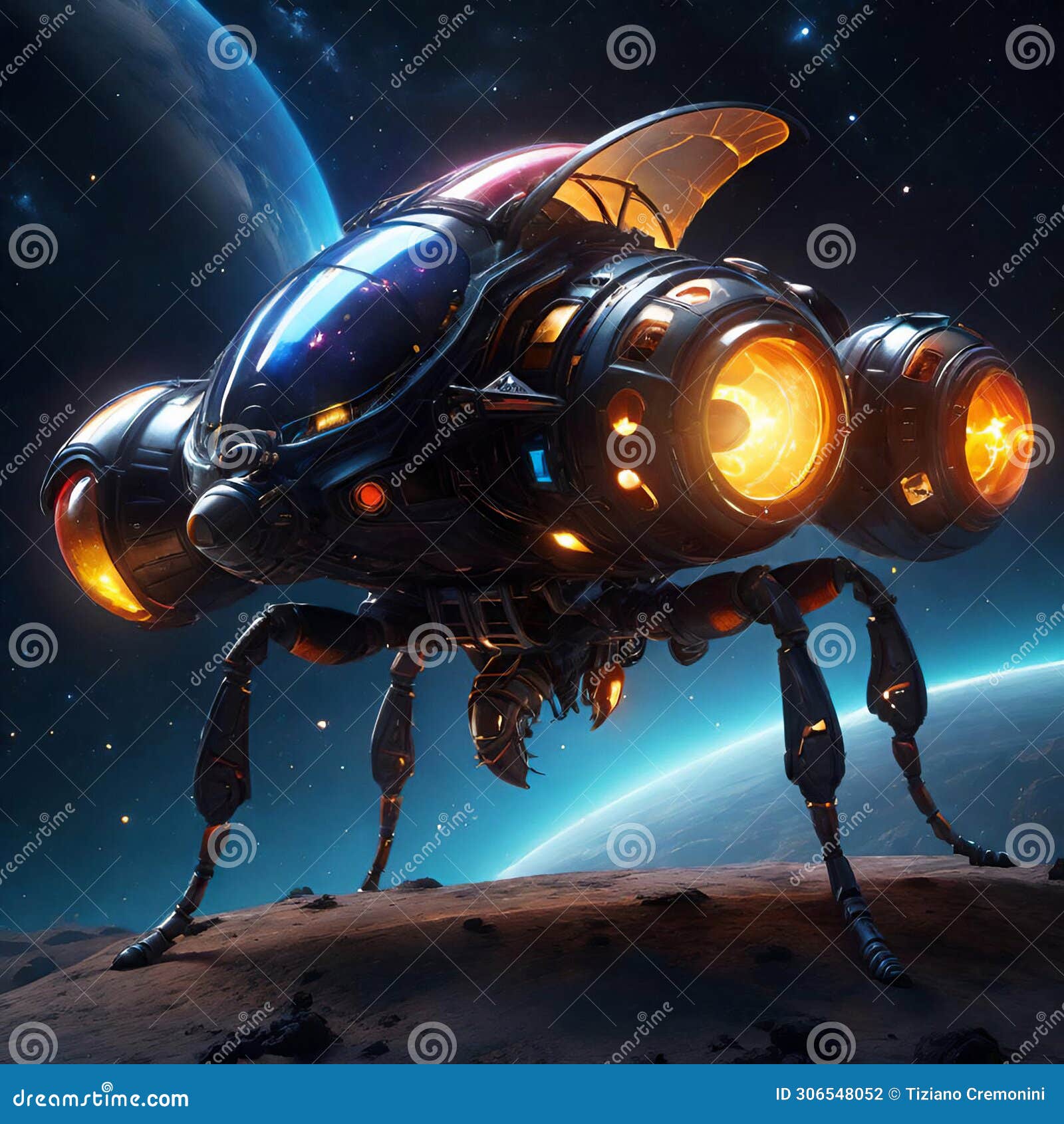 Spaceship in the Shape of Insect, Floating in Space Over a Planet ...