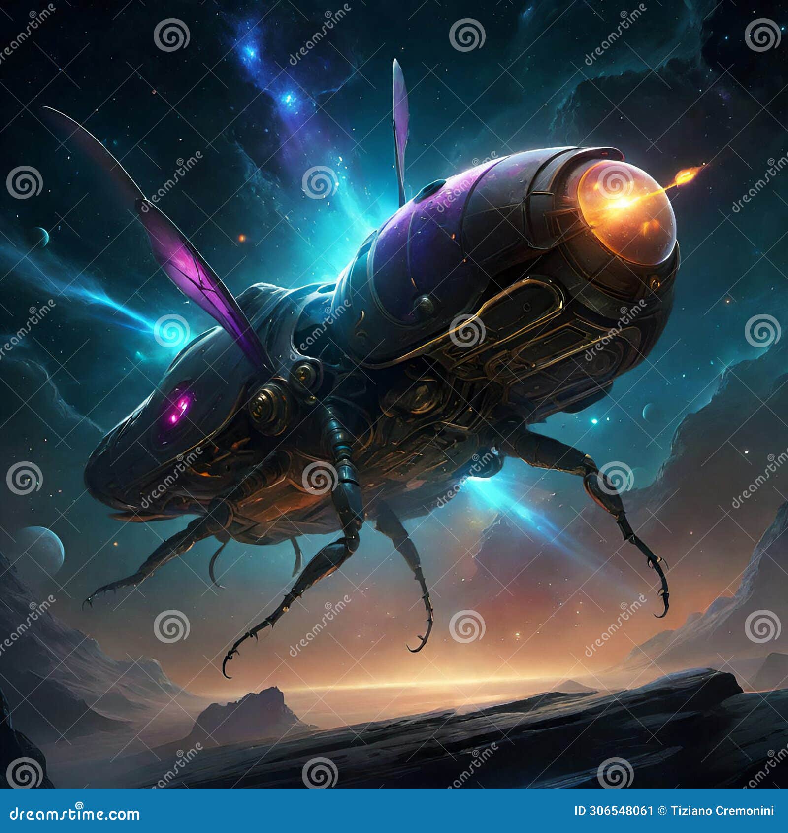 Spaceship in the Shape of Insect, Floating in Space Over a Planet ...