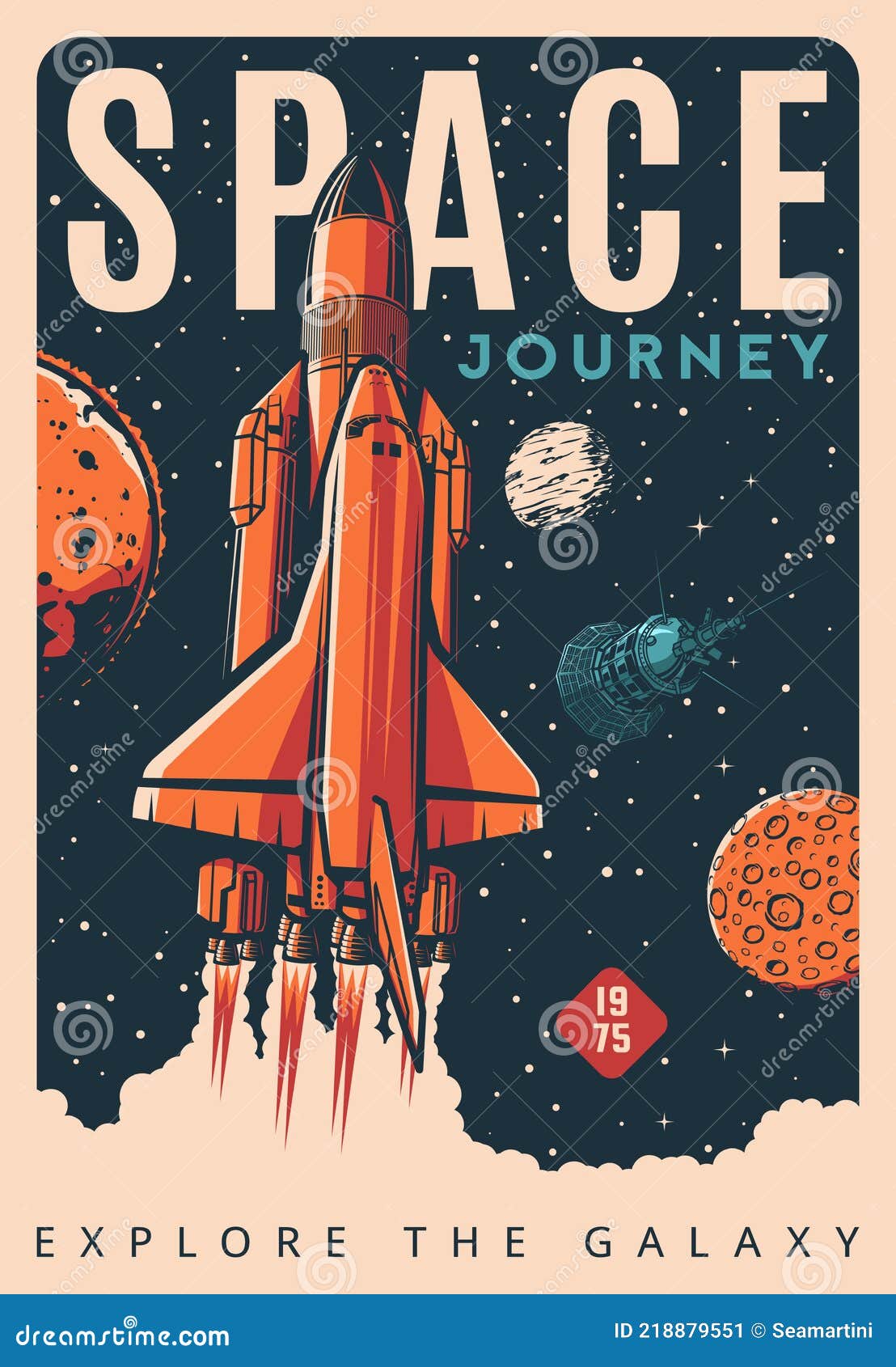 Spaceship Shuttle or Rocket in Space, Retro Poster Stock Vector ...