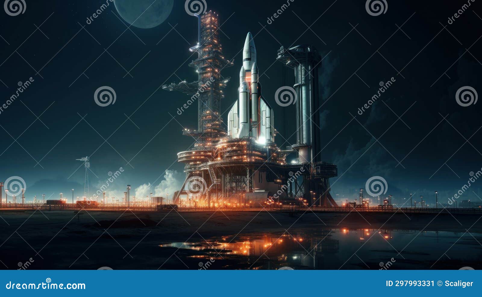 Spaceship is on Space Launch Pad before Start in Future, Big Rocket on ...