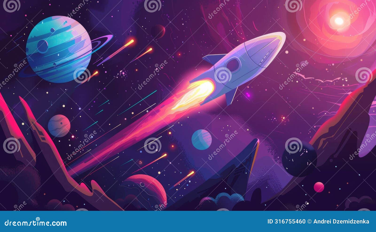 A Spaceship is Spinning through Space with Planets, an Explosion of a ...