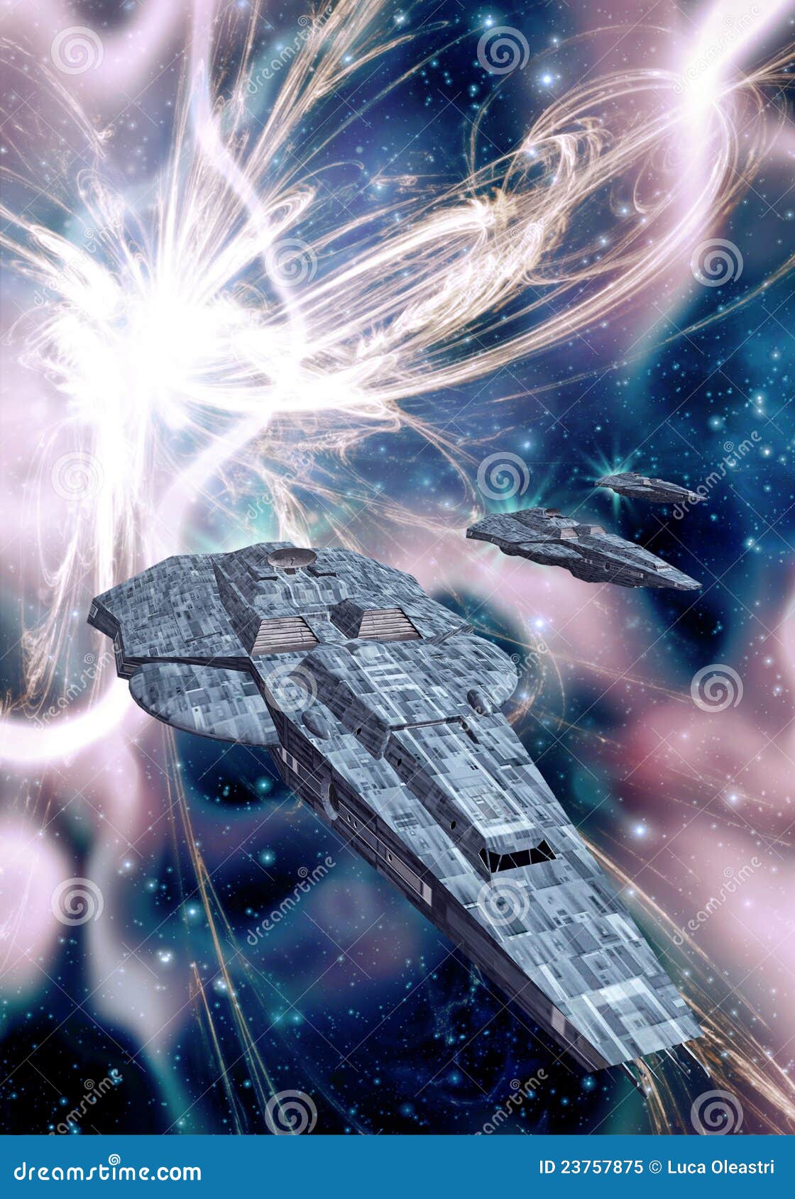 Supernova, Starship Flying Near An Alien Planet With A Moon, Space With ...