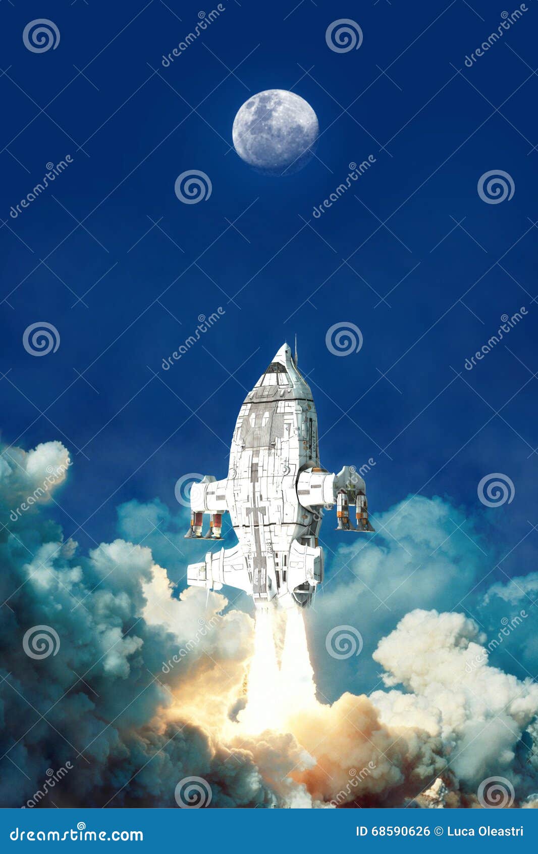 Spaceship Take Off and Moon Stock Illustration - Illustration of cloud ...