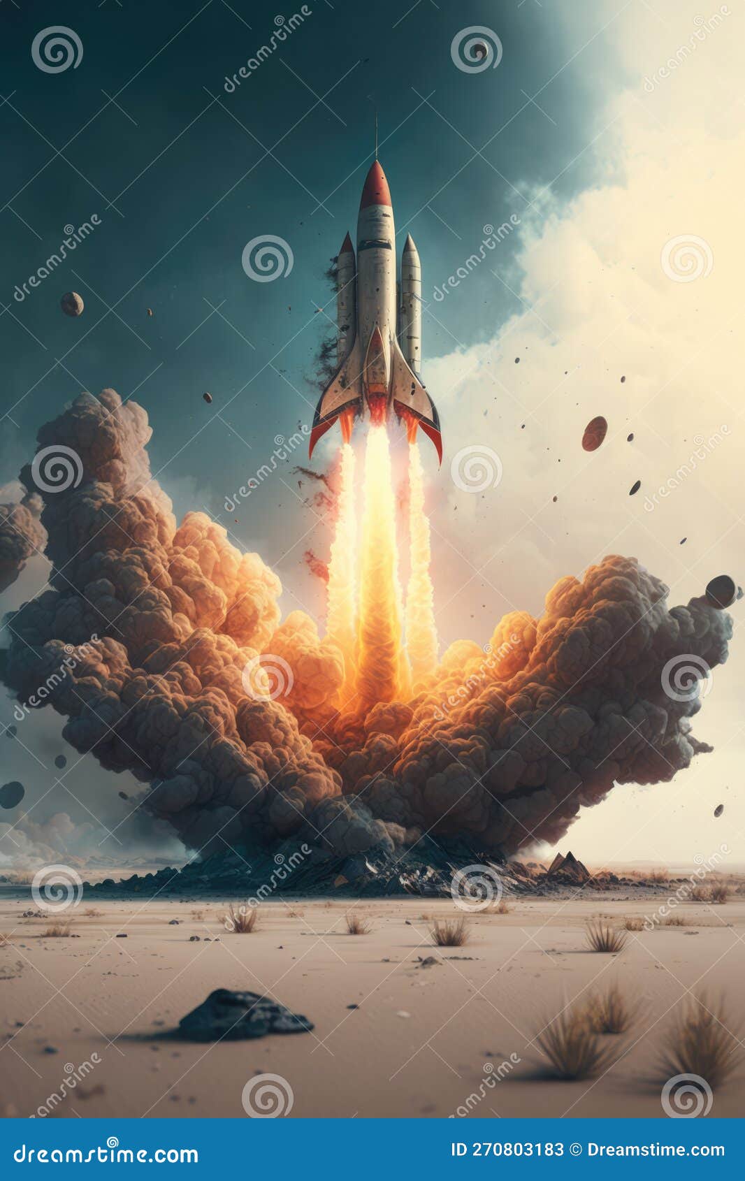 Spaceship Taking Off with Clouds on Blue Background, Created Using ...