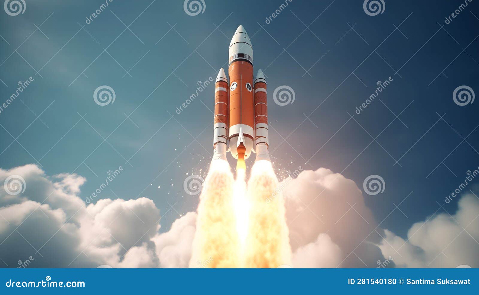 Spaceship Taking Off. Rocket Whizzing Through The Clouds In The Sky ...