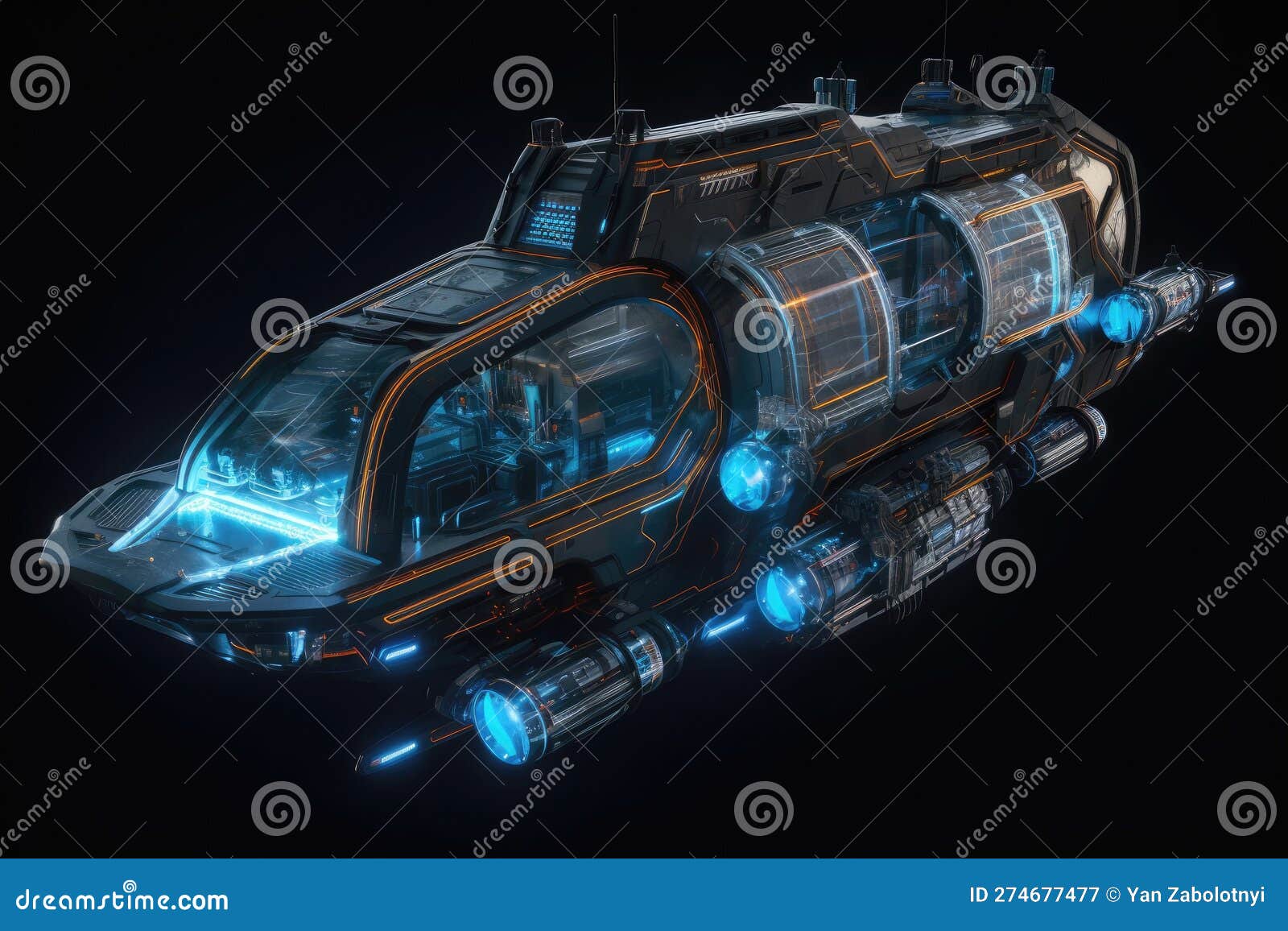 A Spaceship with a Transparent Cockpit and Glowing Blue Engines ...
