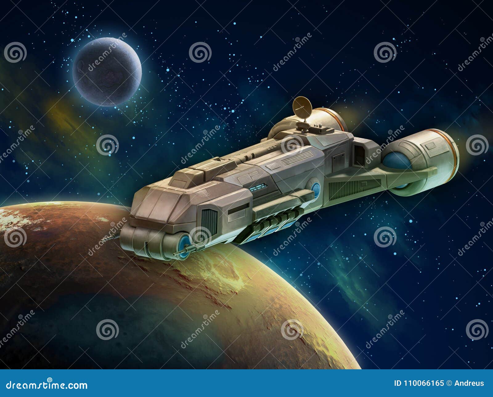 Spaceship in outer space stock illustration. Illustration of futuristic ...